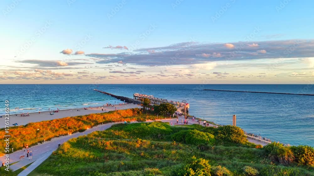 Visit Miami Beach South Pointe Park at sunset. Aerial rising video ...