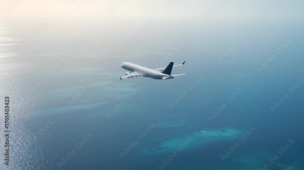 Passenger airplane flying moving forward above the blue sea background ...