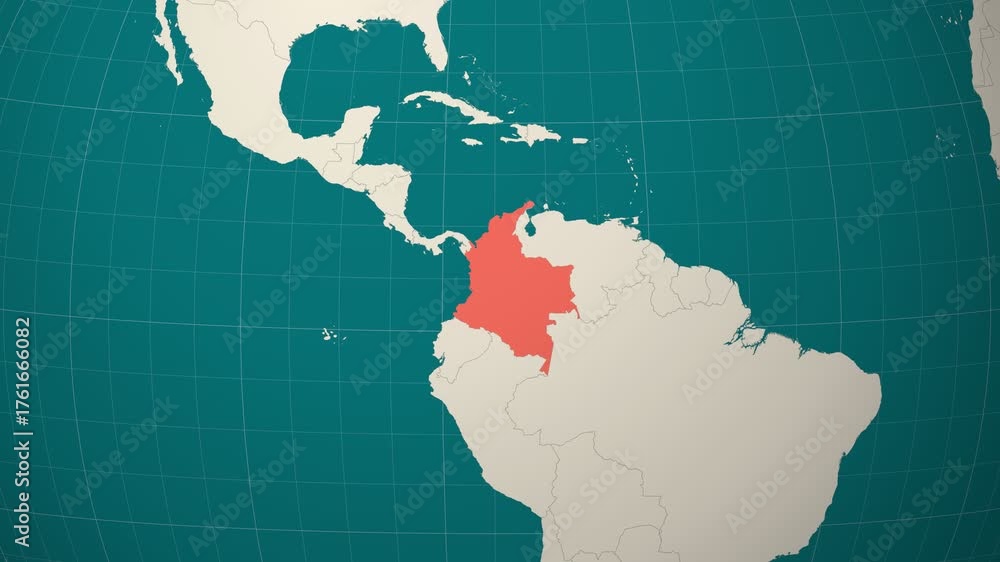 Colombia map. Animated zoom into the country on the Globe in Teal Pale ...