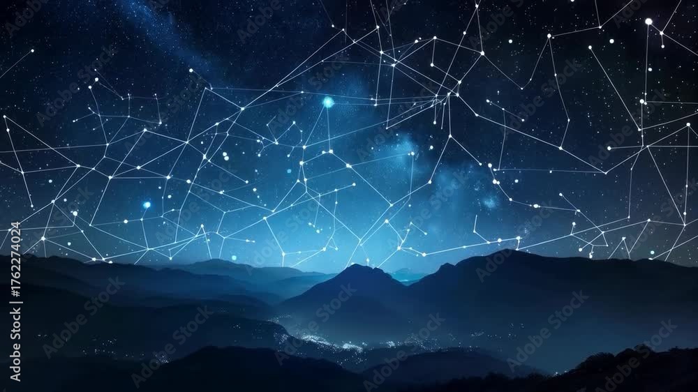 A starry sky with connected lines of constellations above a mountain ...