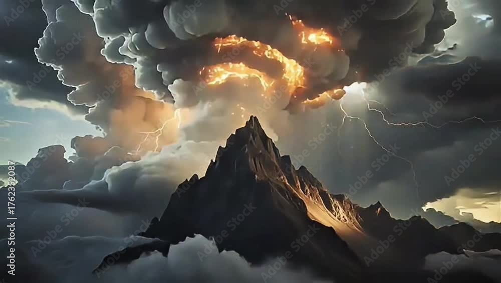 Massive lightning strike causes fiery explosion behind mountain. Smoke ...