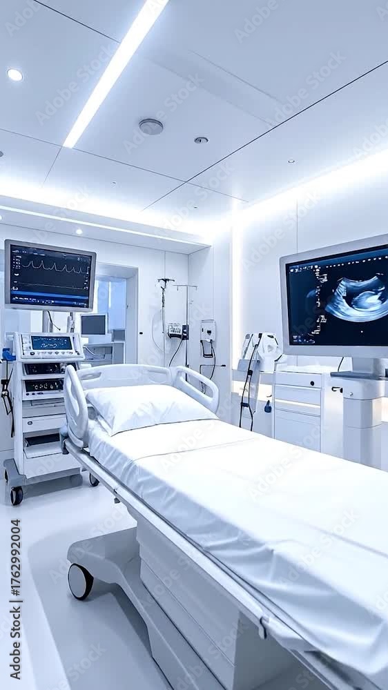 A sterile hospital room with a bed, advanced medical equipment ...