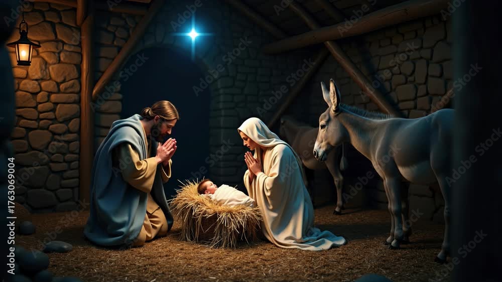 Nativity scene: Mary and Joseph kneeling beside baby Jesus in manger ...