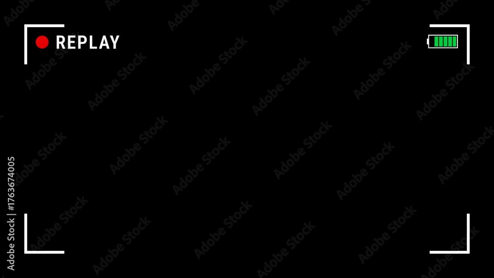 Video camera replay screen animation on a black screen background ...