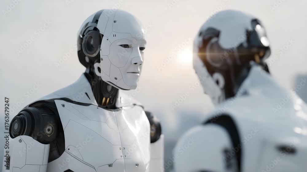 Humanoid robot with synthetic skin examining its reflection in metallic ...