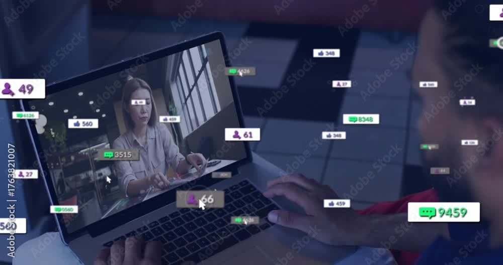 male viewer opening laptop starting stream showing host checking ...