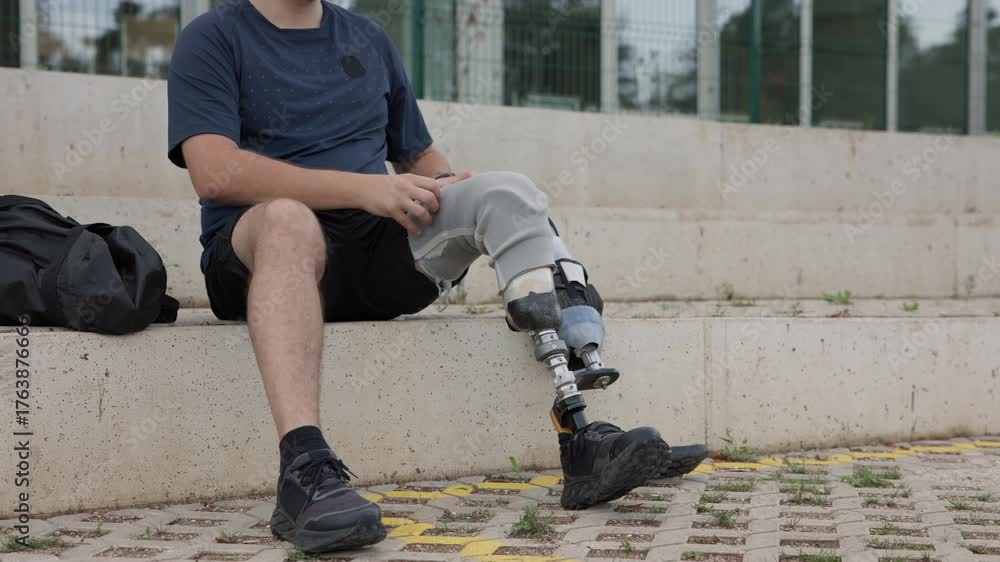 Sitting on the steps, a man taking off his prosthetic leg and dressing ...
