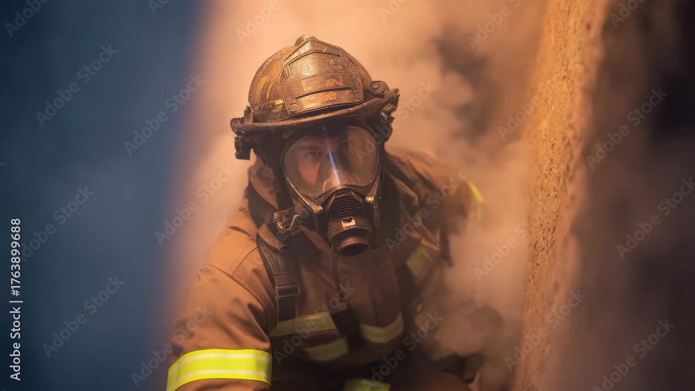 Firefighter practices skills in a smoke-filled area, demonstrating ...