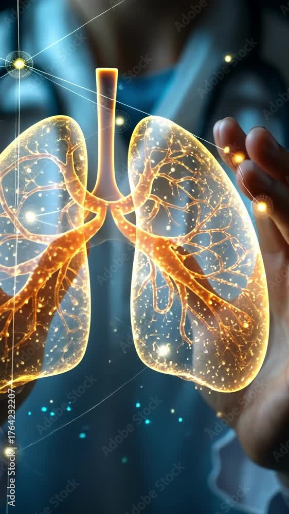 Health professional illustrates lung anatomy and function using glowing ...