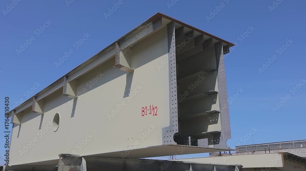 Bridge building plant. Steel bridge structure. Steel box girder of ...