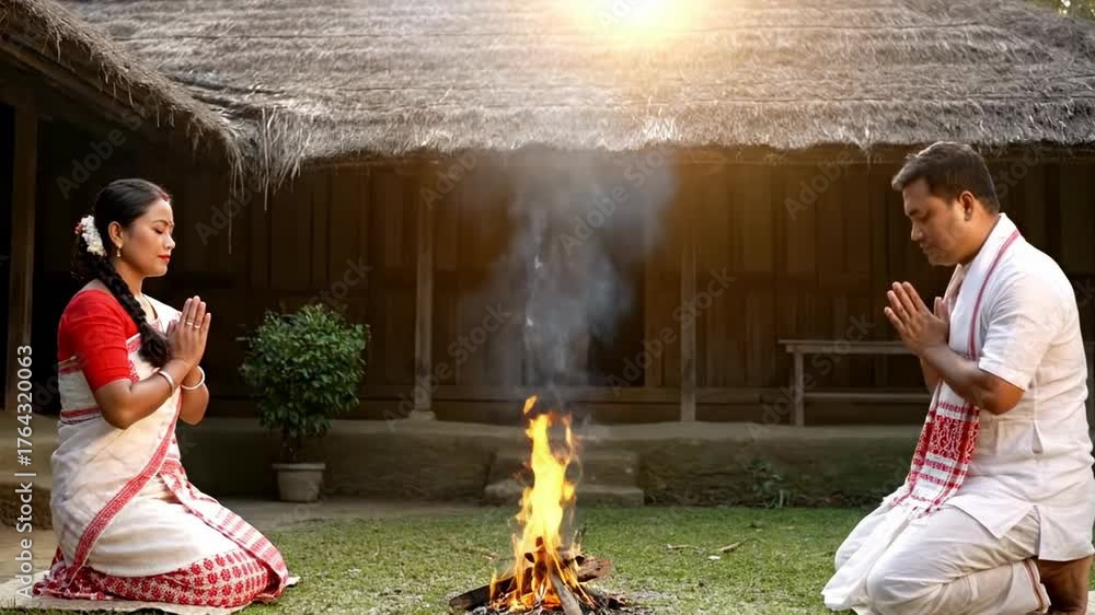 Celebrating Magh Bihu Assamese Couple in Traditional Attire Praying by ...