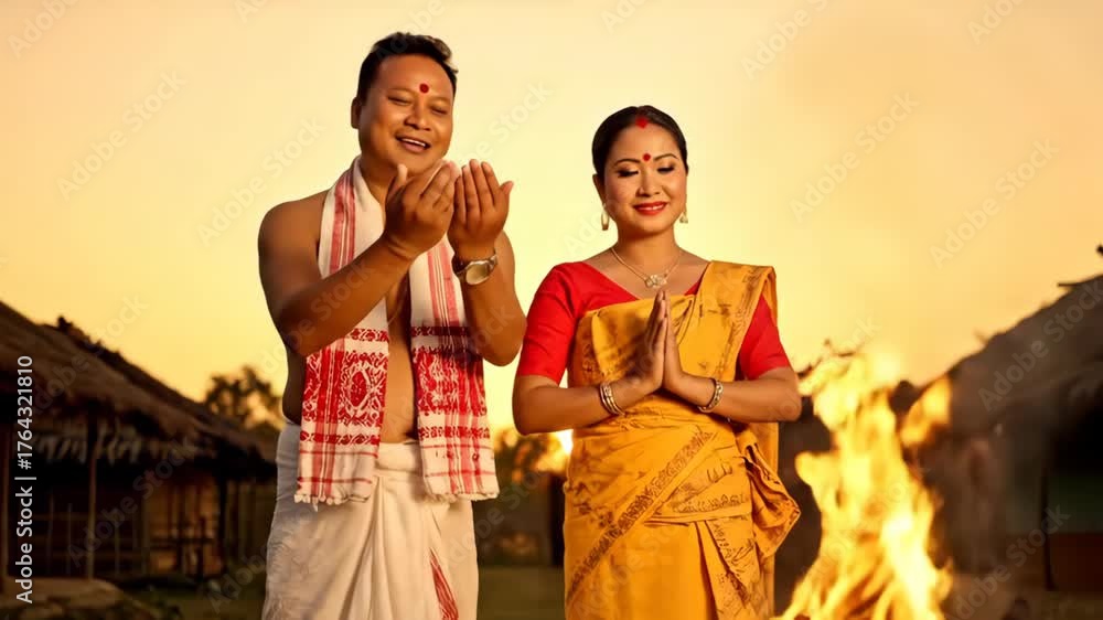 Celebrating Magh Bihu Assamese Couple in Traditional Attire Praying ...
