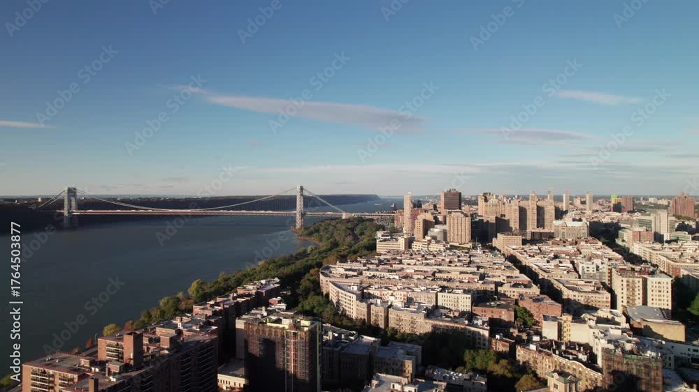 Beautiful aerial of uptown New York City with George Washington Bridge ...