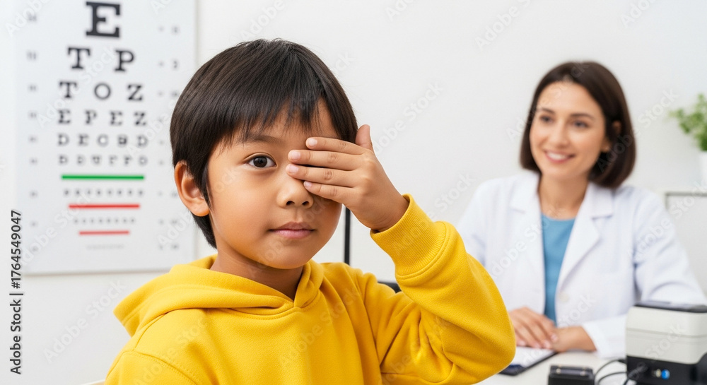 Child getting eye exam with optometrist in clinic, pediatric vision ...