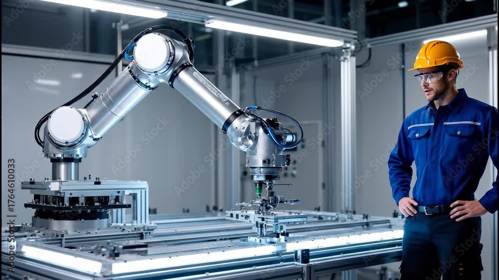 Engineer in a hard hat supervises a robotic arm on an assembly line in ...