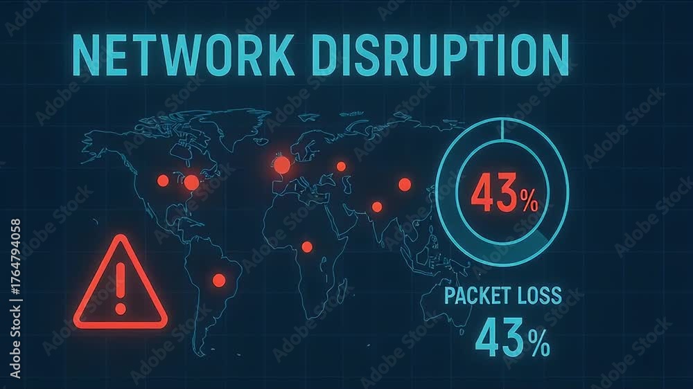 Network disruption map showing global outage points with warning icon ...