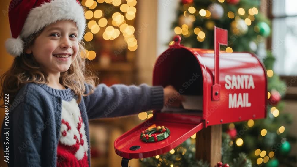 Girl wearing a santa hat sending a christmas letter to santa claus by ...