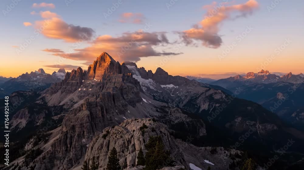 Majestic mountain peaks are bathed in the last golden light of dusk, as ...