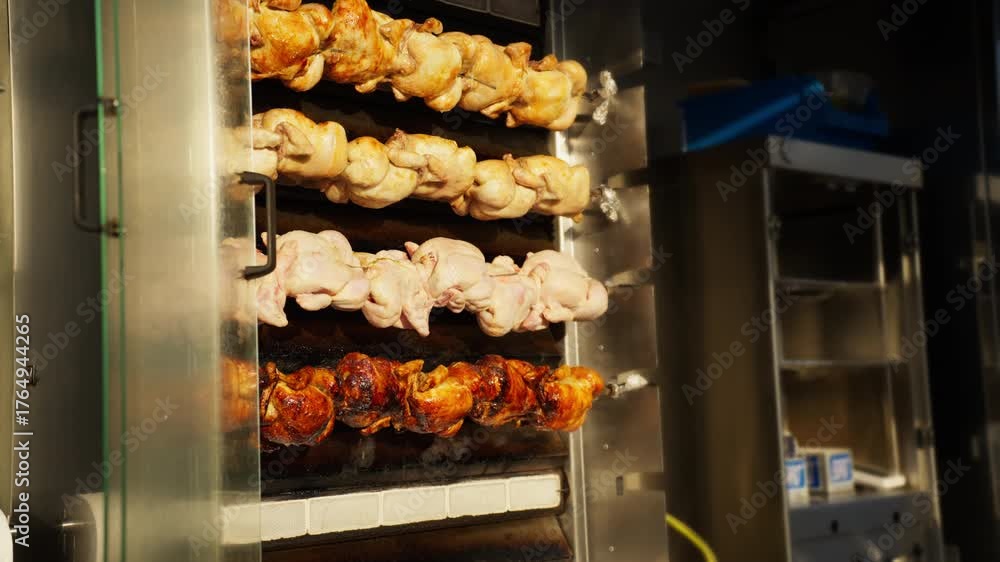 Whole chickens slowly roasting on rotating spit in commercial ...