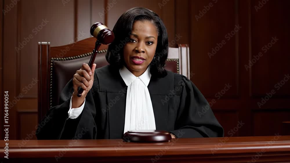Focused African American woman judge presiding at the bench in a ...