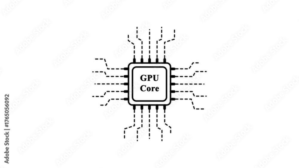 Black GPU Core Icon With Dashed Circuit Lines On White . technology ...