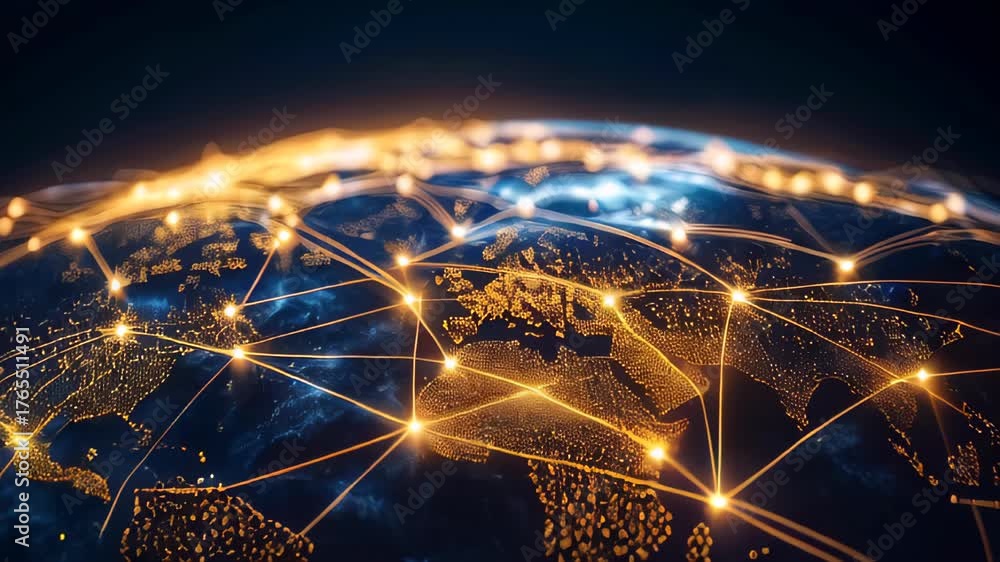 Global network visualization shows interconnected continents and cities ...