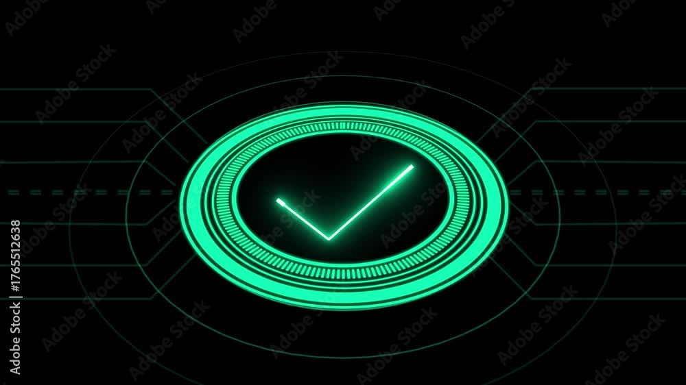 Neon Green Check Mark Icon within Circular HUD Element on Black ...