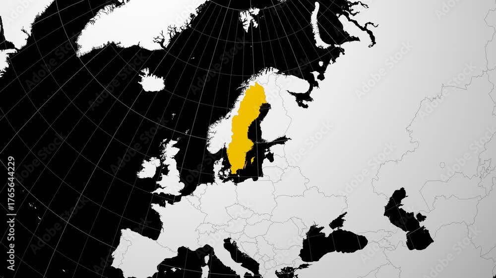 Sweden map. Animated zoom into the country on the Globe in Black White ...