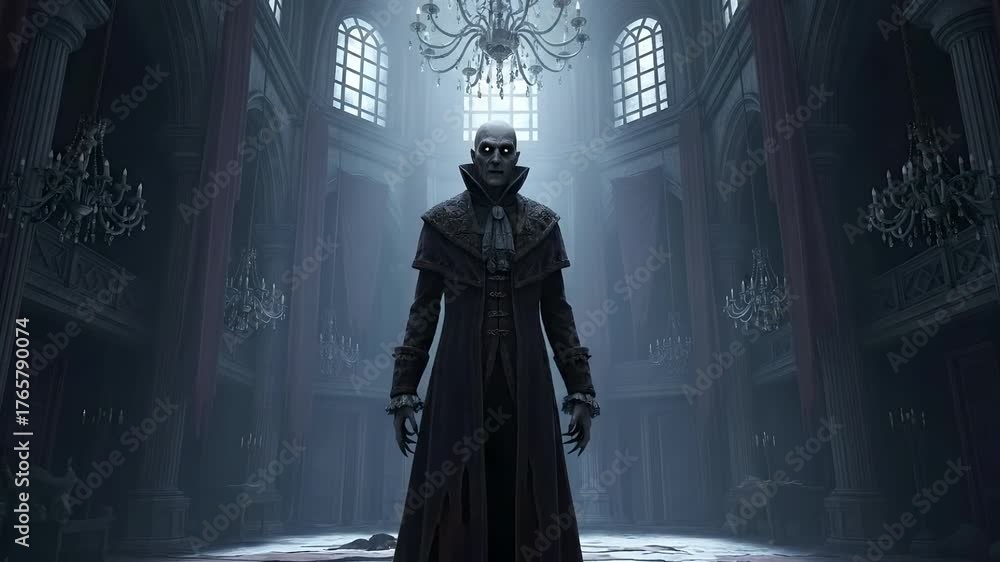 Vampire standing in grand hall. Gothic horror scene for Halloween, dark ...