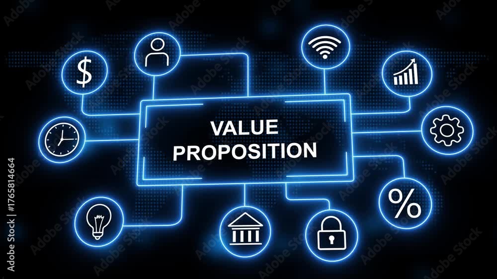 Vídeo do Stock: Neon Blue Value Proposition Diagram with Icons on Dark ...