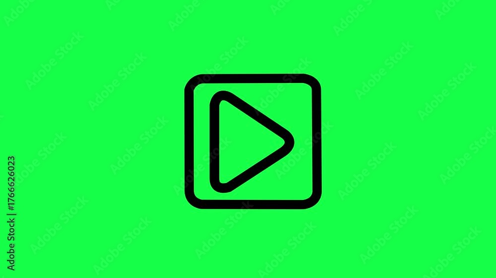 Animated black play button icon in a square frame on a vibrant green ...