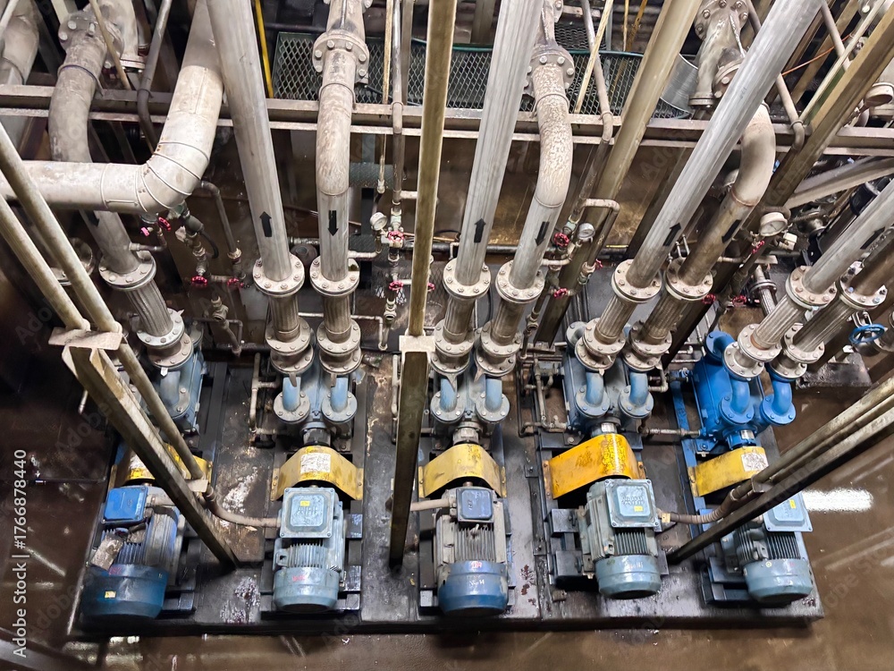 Top-down view of a row of blue and yellow centrifugal pumps and ...