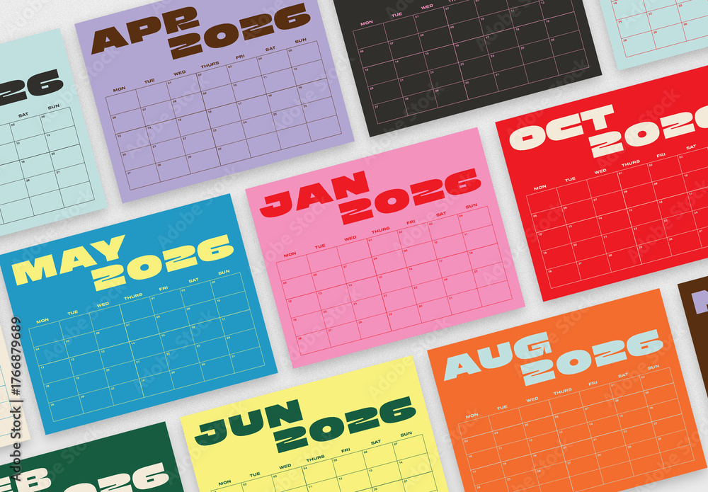 Bright and Colourful 2026 Calendar Layout Stock Template | Adobe Stock