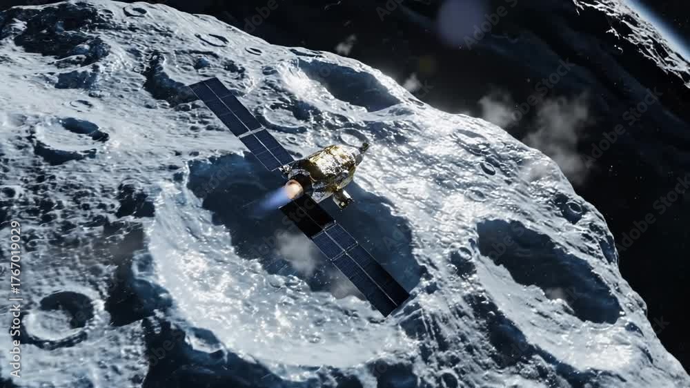 Spacecraft navigates lunar landscape with craters and rugged rocks ...