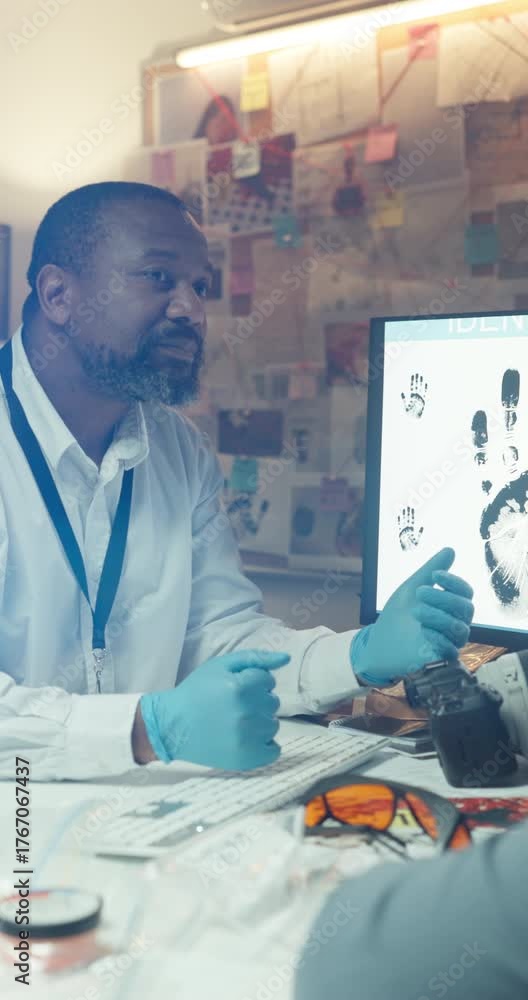 Computer, investigator and black man in office at night with forensics ...