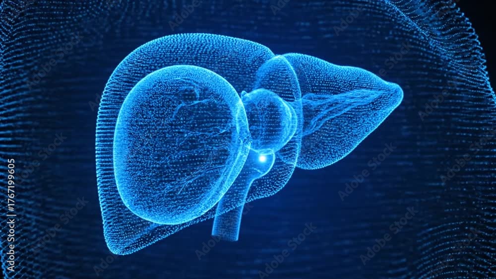 Digital Liver Visualization with Blue Wireframe Structure on Dark ...