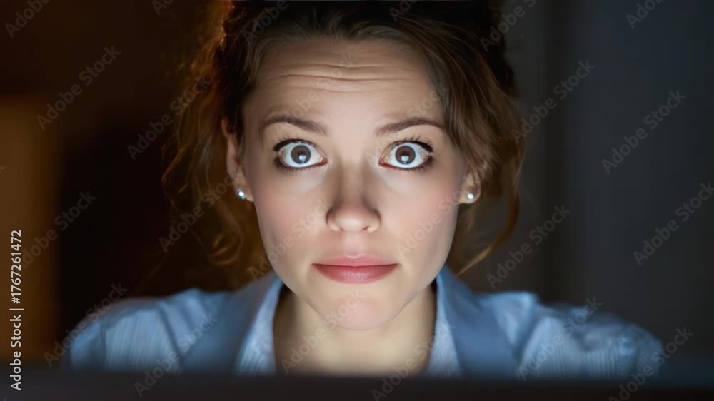 Intrigued Stare: A woman with wide, expressive eyes peers intently into ...