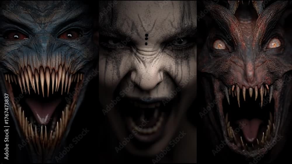 Scary collage of an evil monster and demon face from dark horror ...