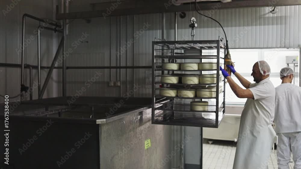 Cheesemaker operating a crane to slowly submerge a large metal rack ...
