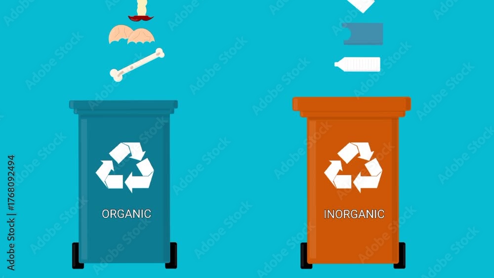 Animated organic and inorganic trash bins with moving waste. Vertical ...