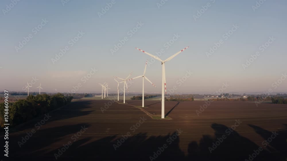 Video „Cinematic drone shot Powerful Wind Turbines Spin Slowly Across ...