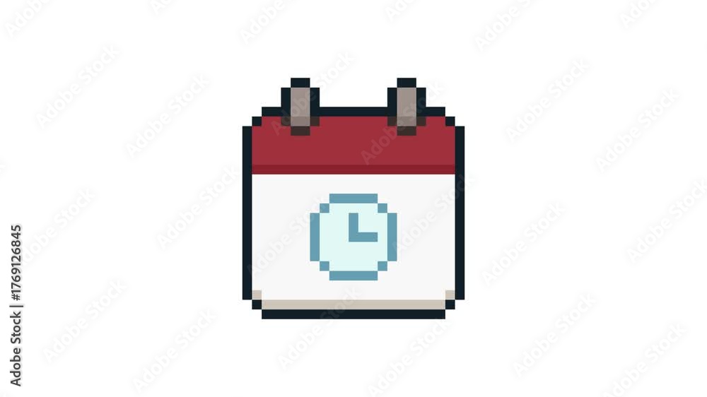 8-bit pixel art red retro calendar with blue clock. looped animation 4k ...
