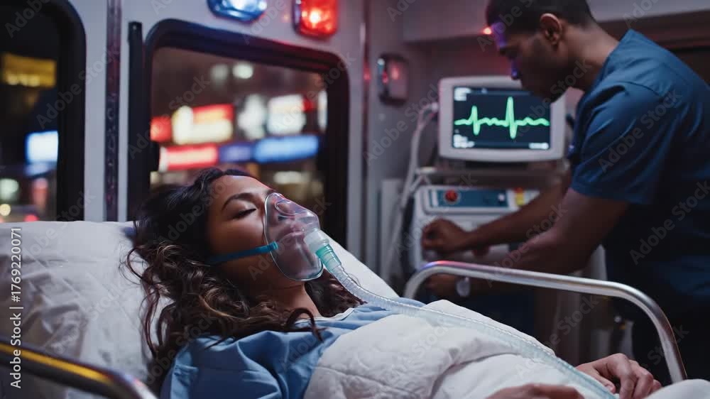 unconscious hispanic woman with oxygen mask on stretcher in ambulance ...