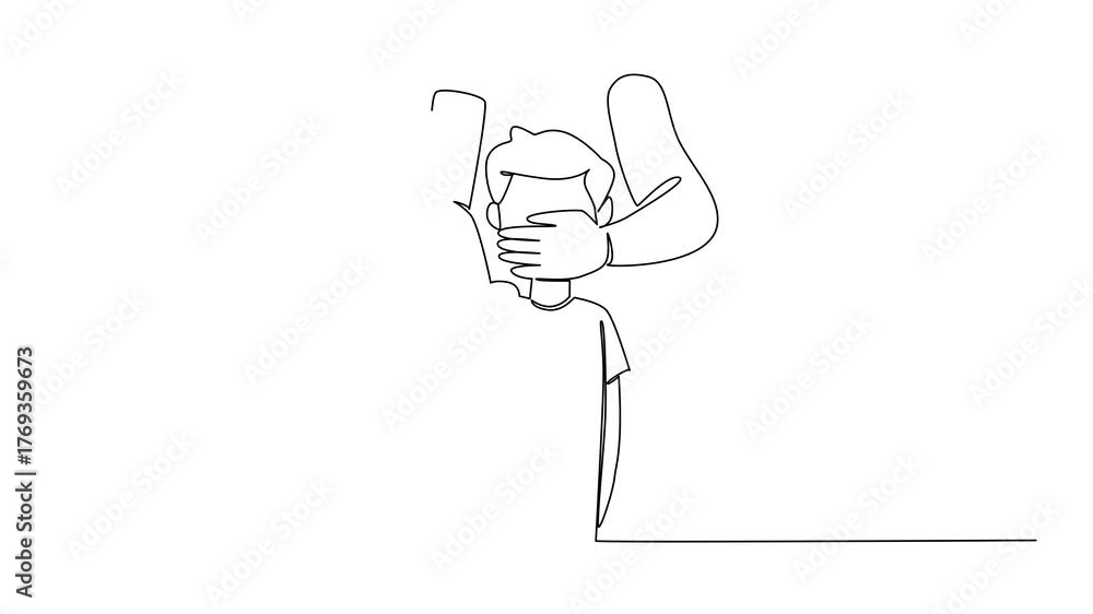 Animated self drawing of single one line drawing mouth of a boy covered ...