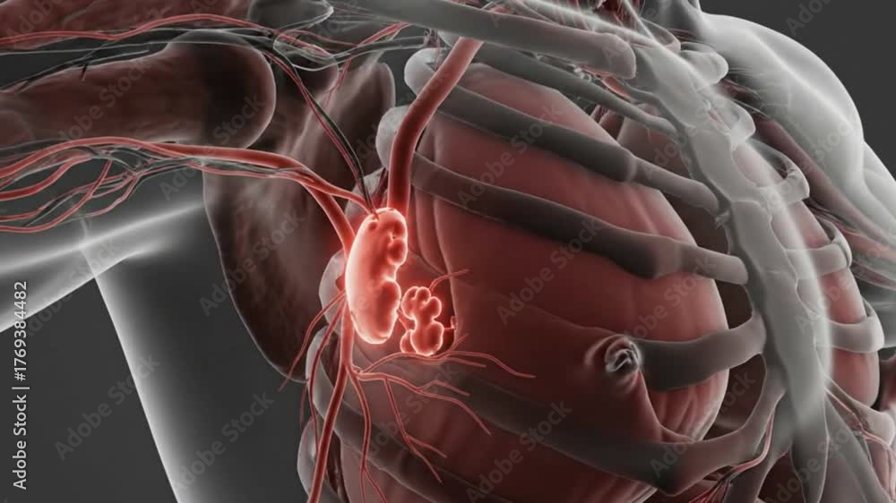 Anatomical rendering showing lymph nodes and blood vessels near the rib ...