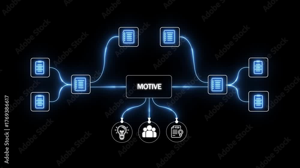 Digital network diagram with central ' MOTIVE' node and connected ...