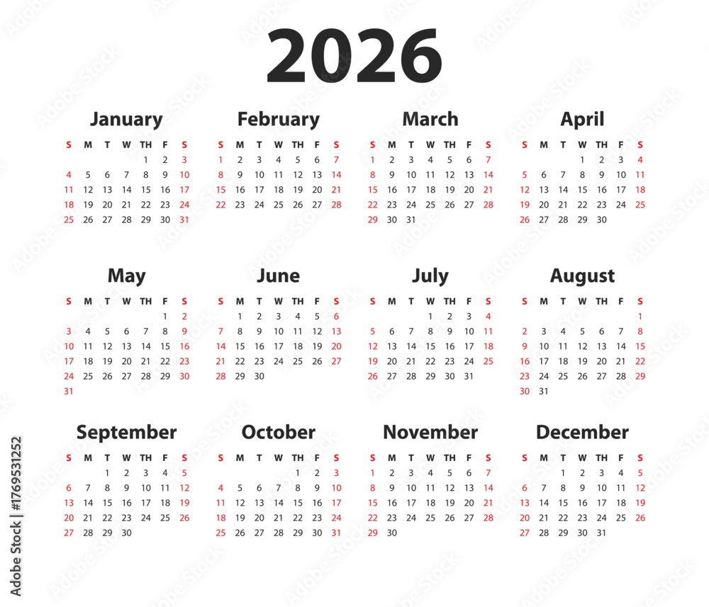 Plakát This is a full year 2026 calendar showing all twelve months in a ...