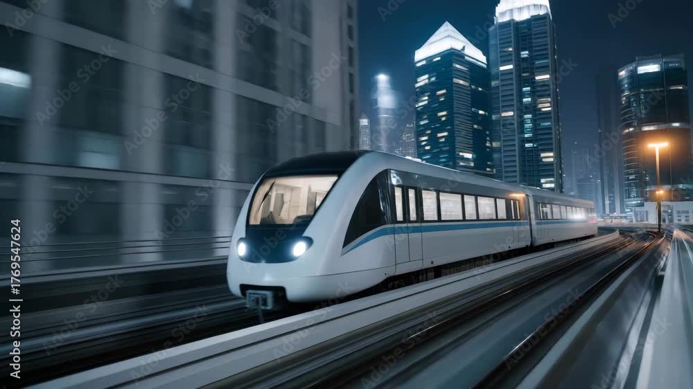 Night scene of maglev train weaving through illuminated skyscrapers ...