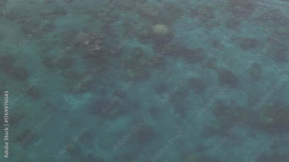 Aerial shot flying over the coral reefs and clear waters of South China ...