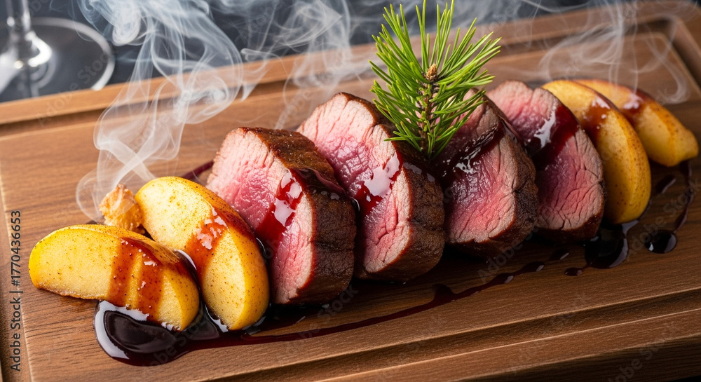 Alpaca meat with spiced apples and red wine glaze, gourmet cuisine in a ...